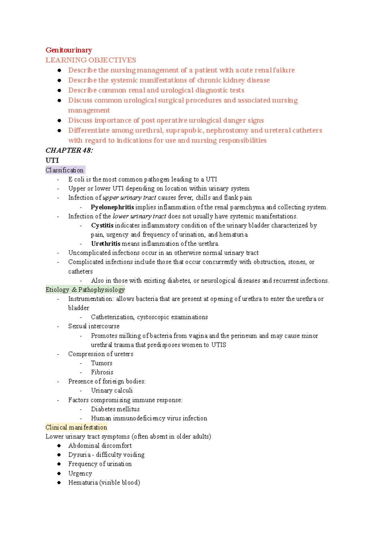 GI - chapter review - Genitourinary LEARNING OBJECTIVES Describe the ...