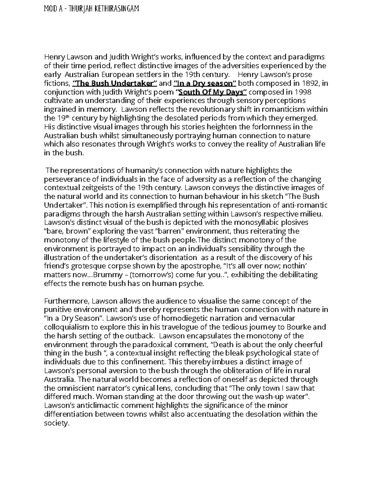 English Module A Essay- Henry Lawson - MOD A - THURJAH KETHIRASINGAM ...