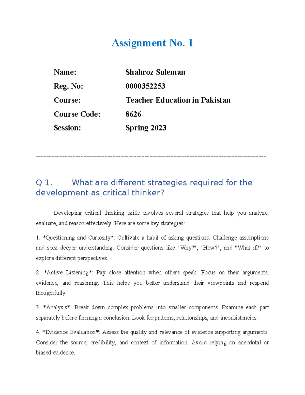 Assignemnt 2 - Professionalism in Teaching - Assignment No. 1 Name ...