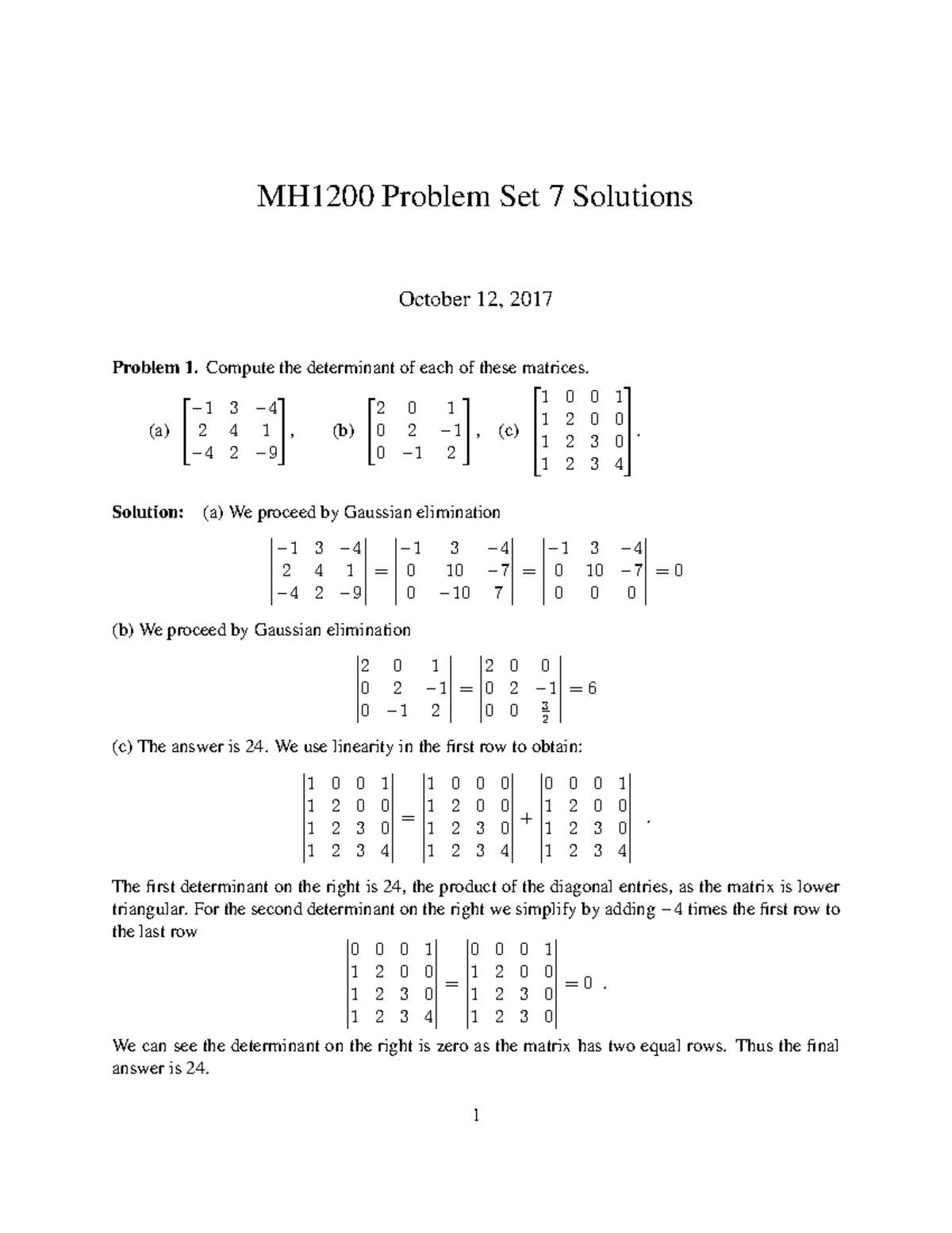 LA tut 7 - linear algebra assignment - MH1200 Problem Set 7 Solutions ...