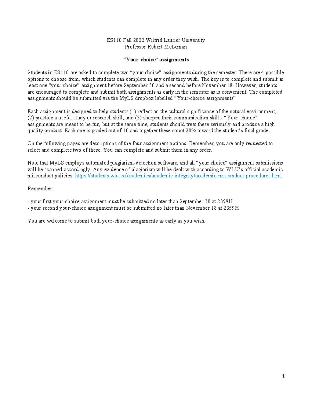 Your choice assignment instructions - ES110 Fall 2022 Wilfrid Laurier University Professor ...