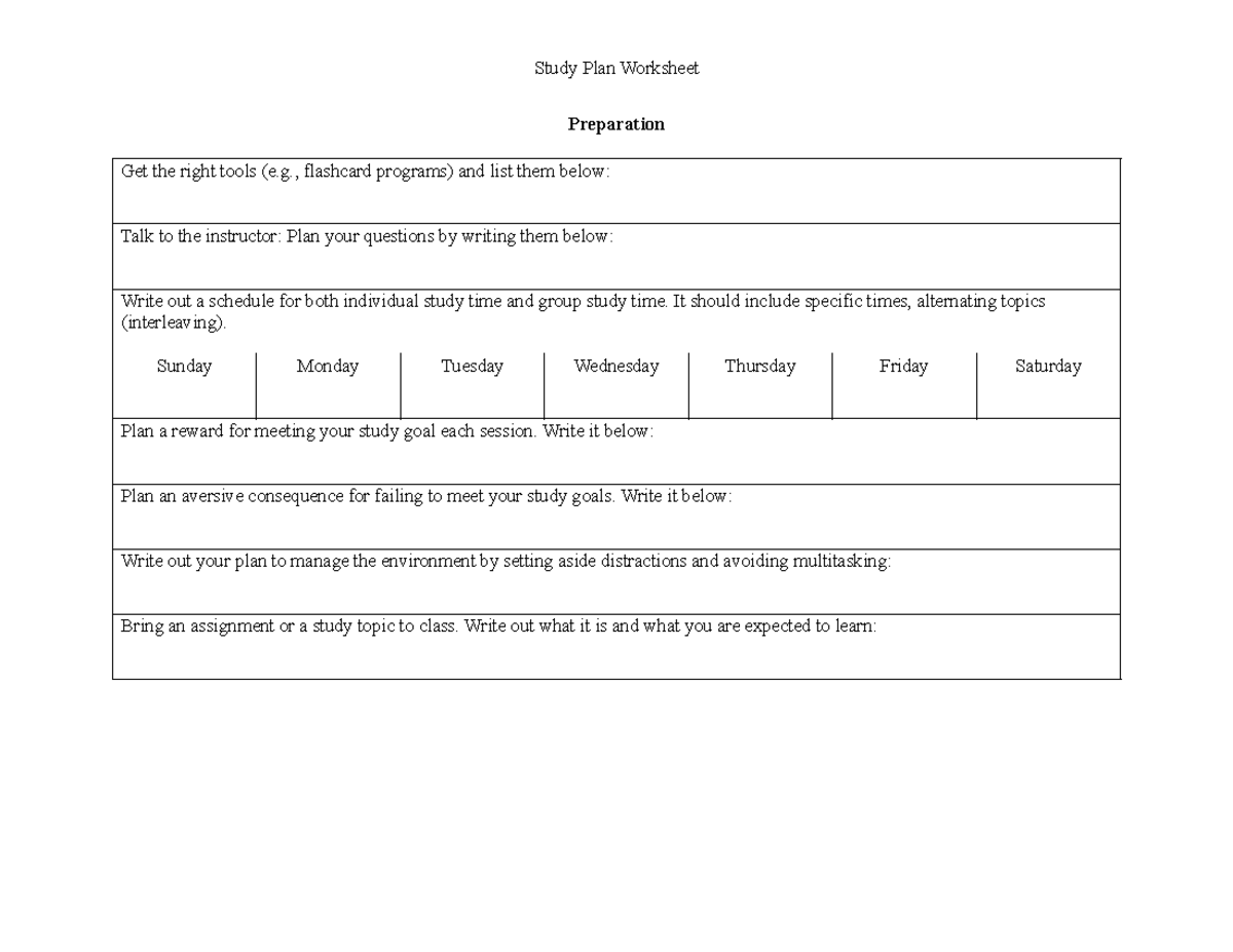 Study Plan Worksheet pt. 1 - Study Plan Worksheet Preparation Get the ...