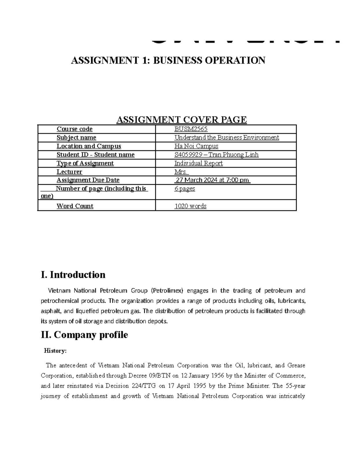 Assignment 1 BUSM2565 - BHRHVHF - ASSIGNMENT 1: BUSINESS OPERATION ...