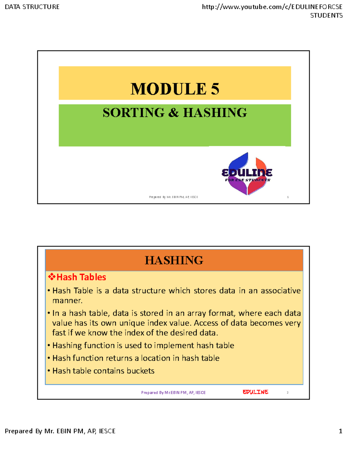 Ds-hashing-note - STUDENTS MODULE 5 SORTING & HASHING Prepared By Mr. EBIN PM, AP, IESCE 1 - Studocu