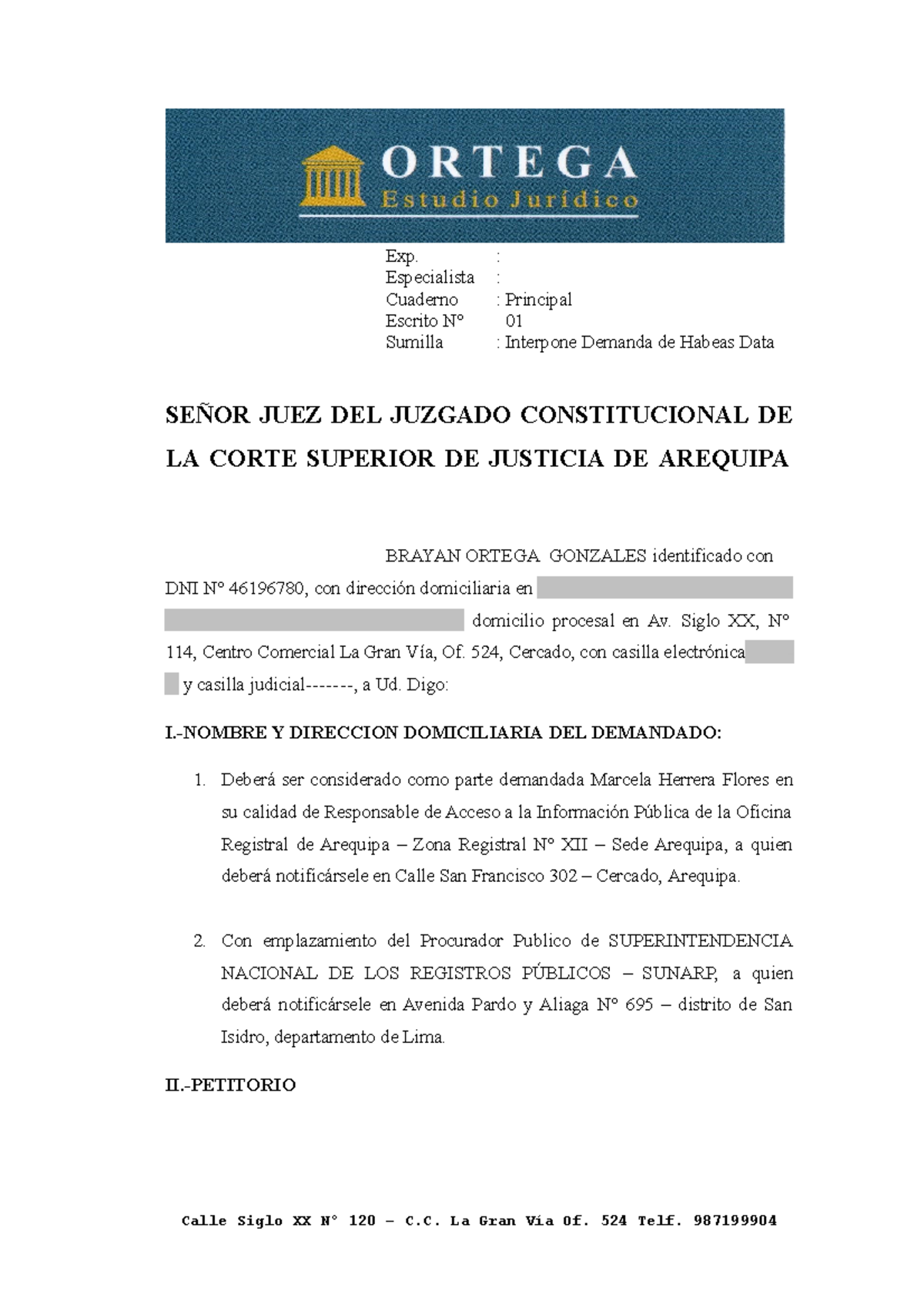 Hábeas data formato - Exp. : Especialista : Cuaderno : Principal ...