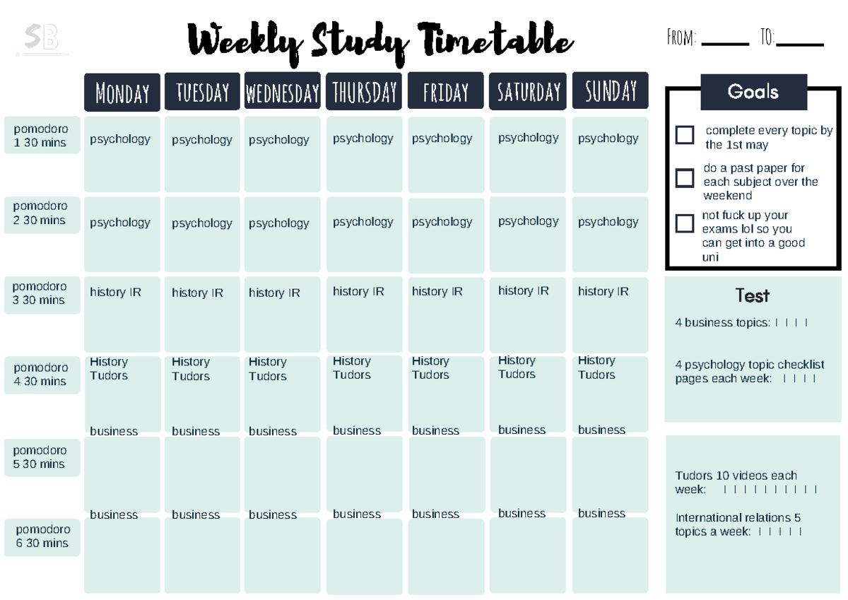 Revision Timetable BLUE (1) (2) - From: TO: Monday tuesday wednesday ...