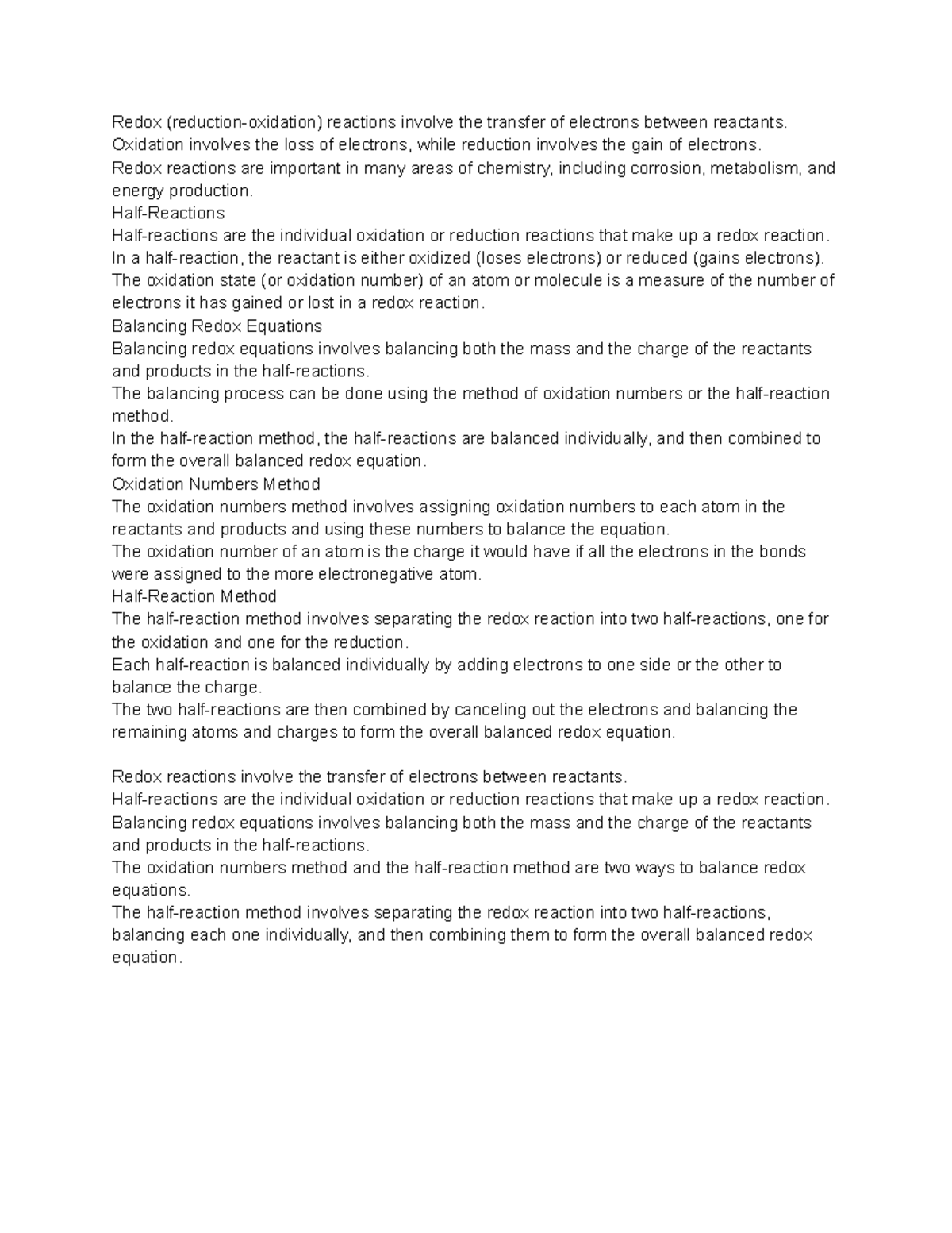 Redox Reactions and Balancing Redox Equations Notes - Redox (reduction ...