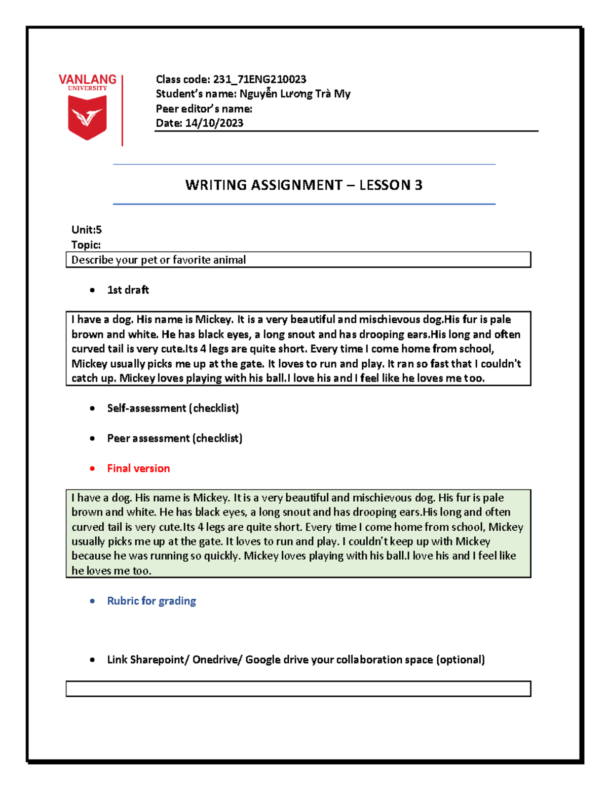 Template Writing assignment - Class code: 231_71ENG Student’s name ...