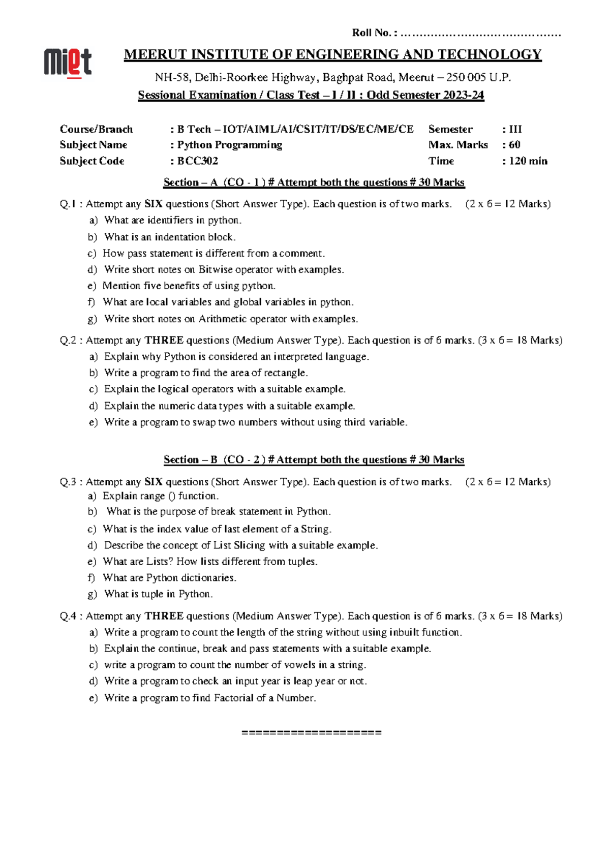 Sessional 1 - Python programming - Roll No. : ........................................... MEERUT ...