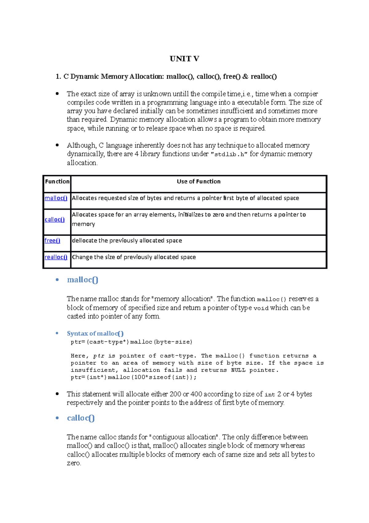 UNIT V - fgggggggggggg - UNIT V 1. C Dynamic Memory Allocation: malloc ...