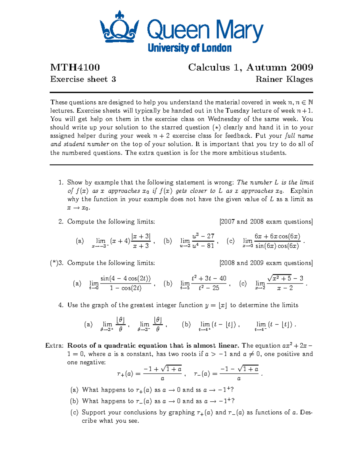 Exercise Sheet 3 - Questions - MTH4100 Calculus 1, Autumn 2009 Exercise ...