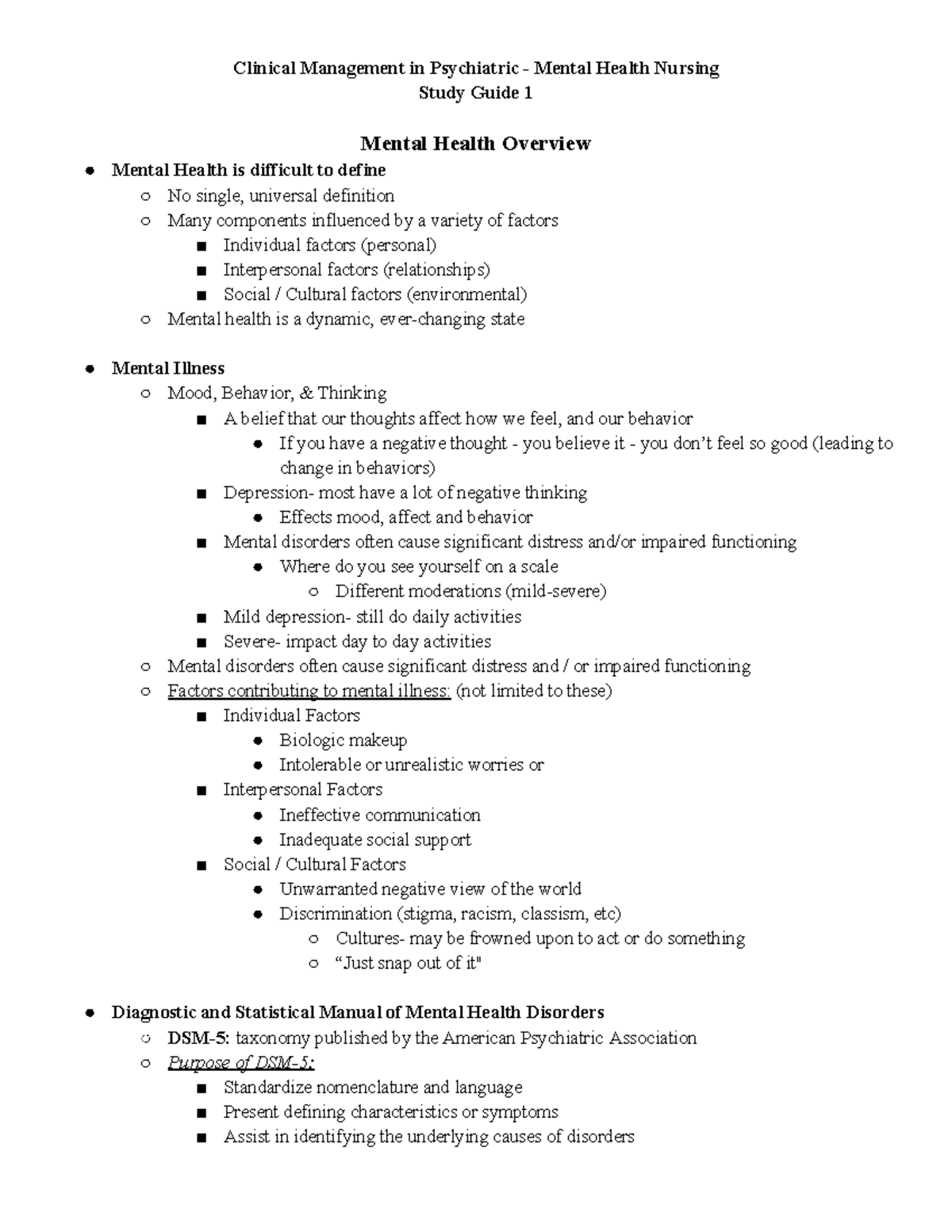 Psych Study Guide 1 - Clinical Management in Psychiatric - Mental ...