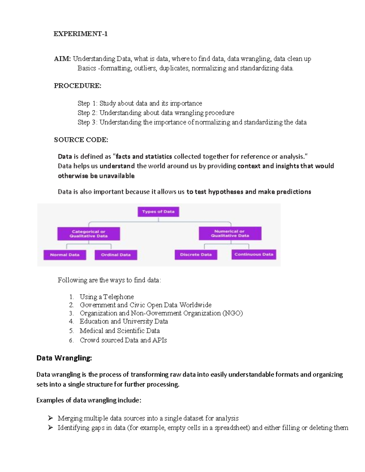 DWV Lab Programs - EXPERIMENT- 1 AIM: Understanding Data, what is data, where to find data, data ...