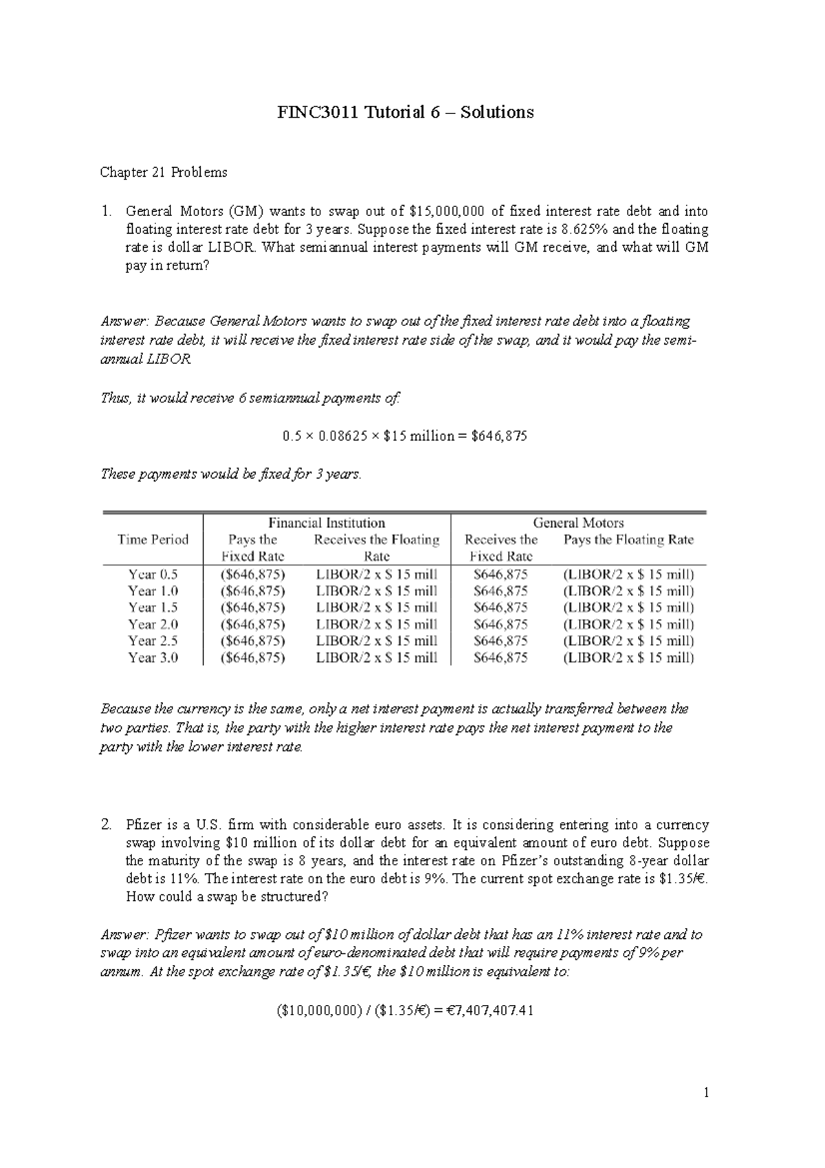 FINC3011 Tutorial 6 - Solutions - FINC3011 Tutorial 6 – Solutions Chapter 21 Problems 1. General ...
