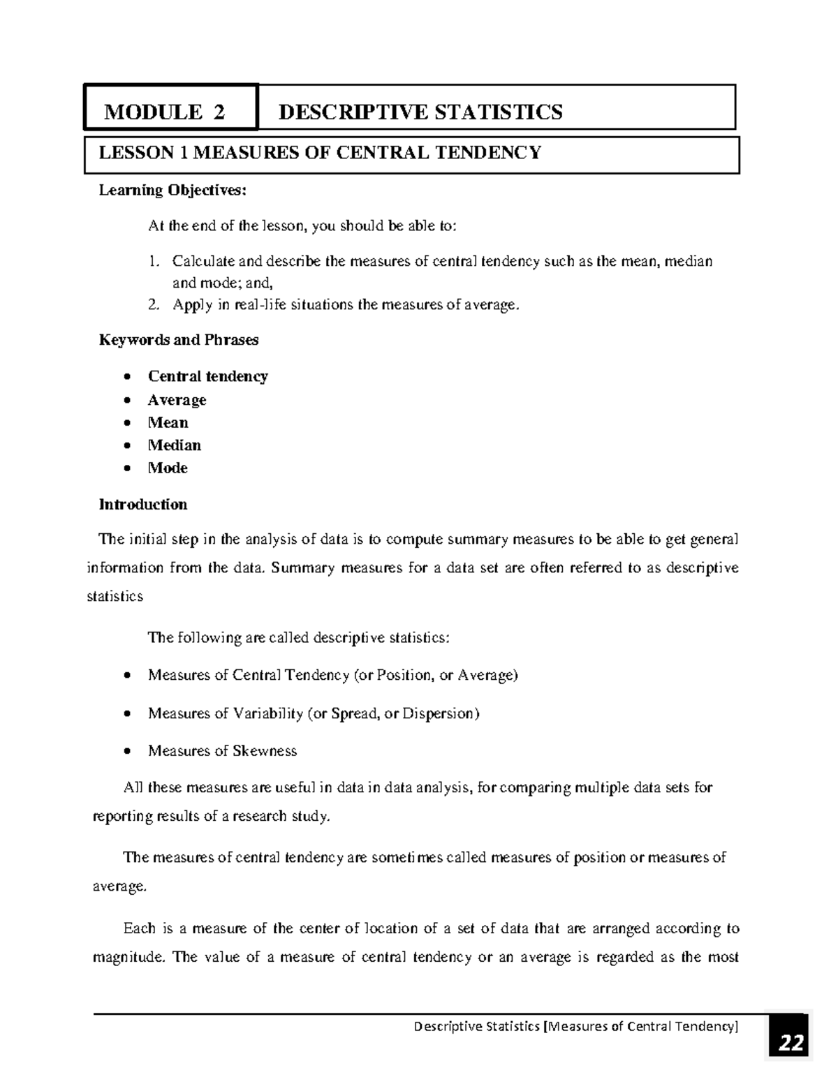 Module 2 Lesson 1 22-33 - ....... - Descriptive Statistics [Measures of ...