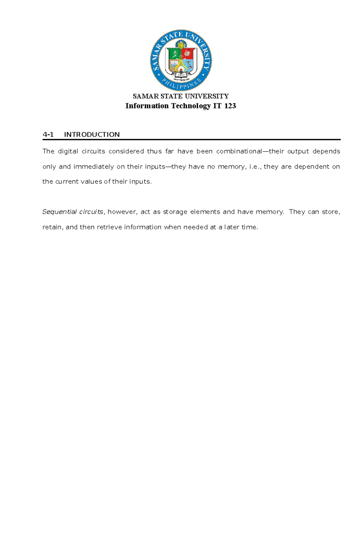 Information Technology IT 123 Sequential Logic Circuits - SAMAR STATE ...