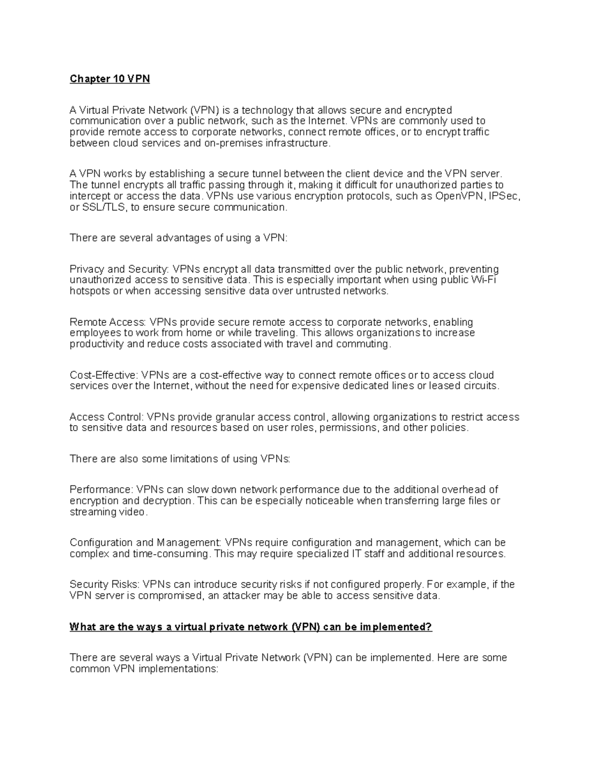 Chapter 10 VPN - Chapter 10 VPN A Virtual Private Network (VPN) is a ...