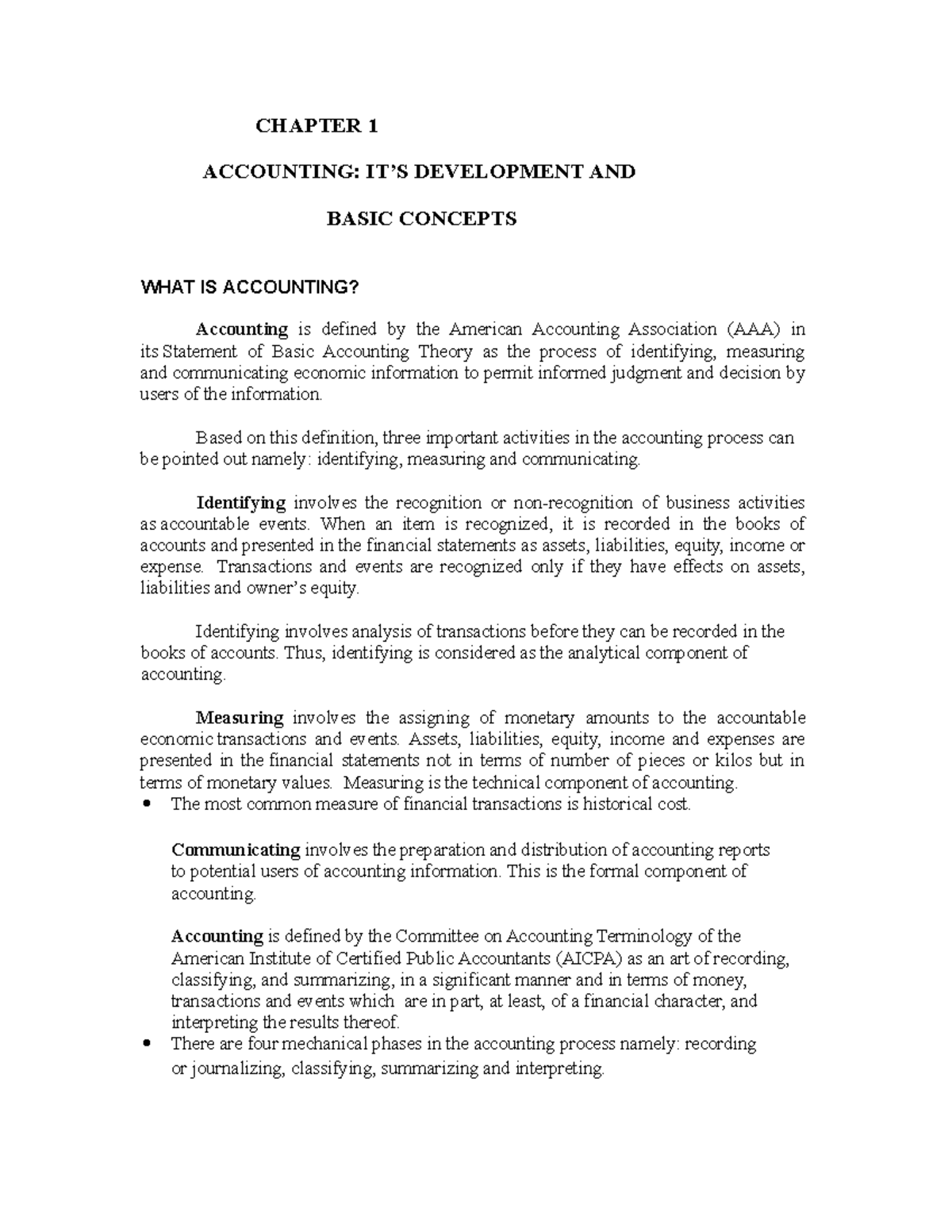 Chapter 1 - NONE - CHAPTER 1 ACCOUNTING: IT’S DEVELOPMENT AND BASIC ...