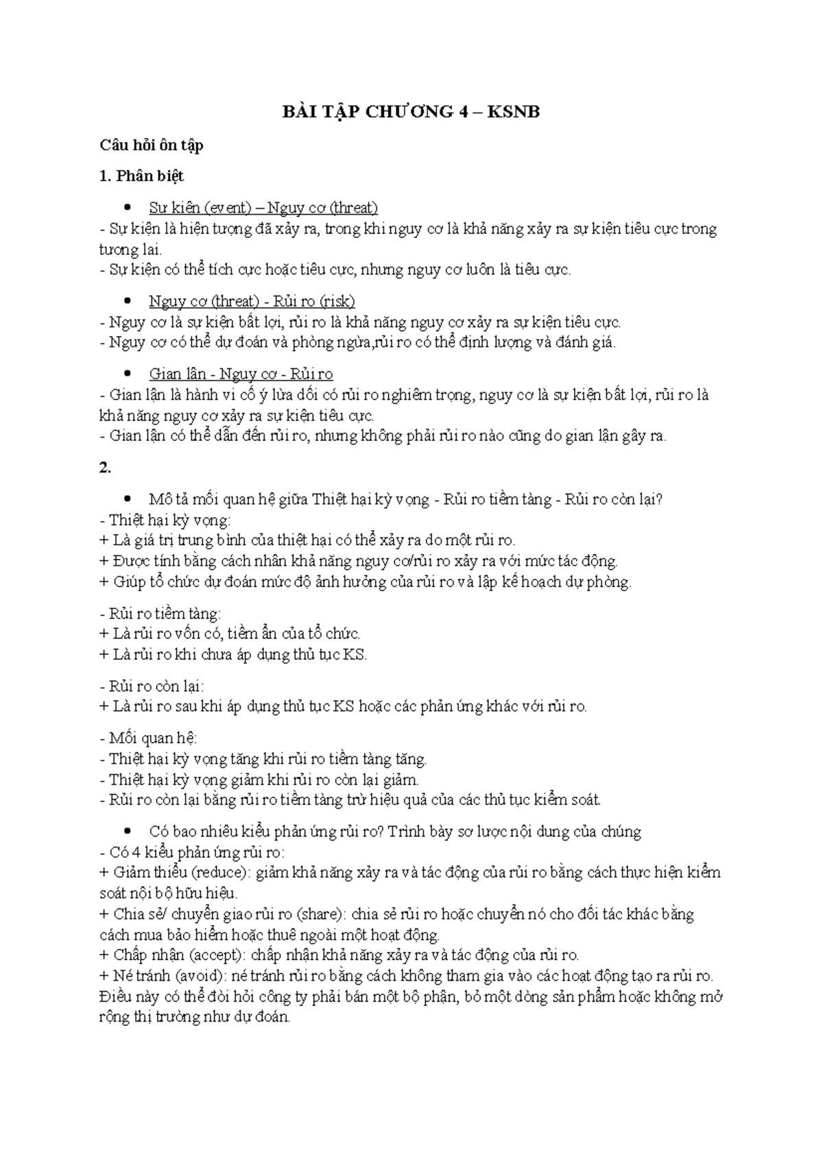 BT chương 4 - KSNB - BT chương 4 - KSNB - BÀI TẬP CHƯƠNG 4 – KSNB Câu hỏi ôn tập Phân biệt Sự ...