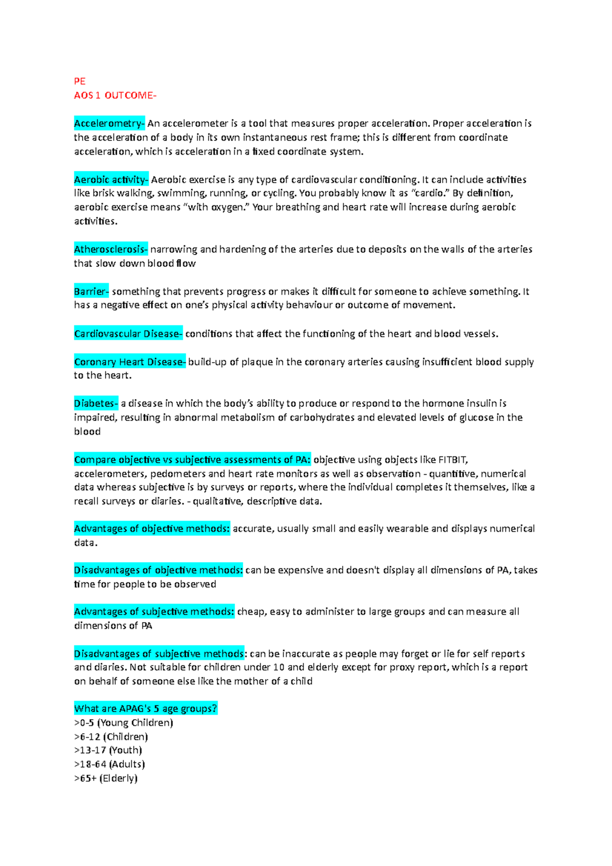 Pe notes[ 78] - pe notes - PE AOS 1 OUTCOME- Accelerometry- An ...
