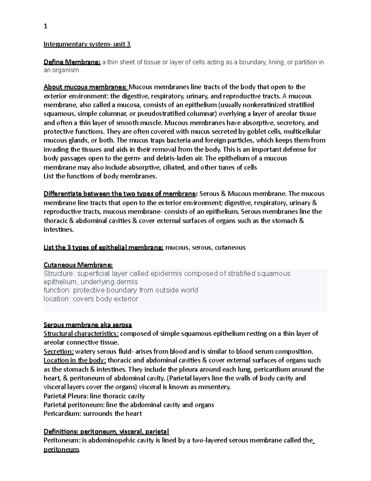 Integumentary system - skin - Integumentary system- unit 3 Define ...