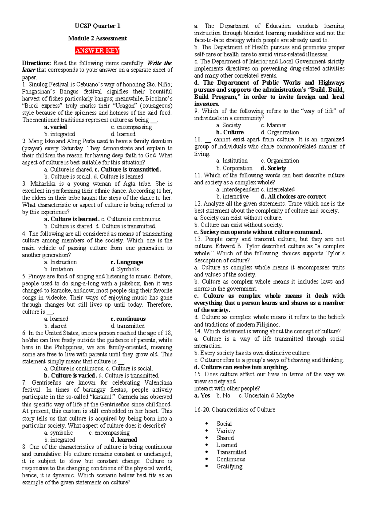 UCSP Quarter 1 Module 2 Assessment - UCSP Quarter 1 Module 2 Assessment ANSWER KEY Directions ...