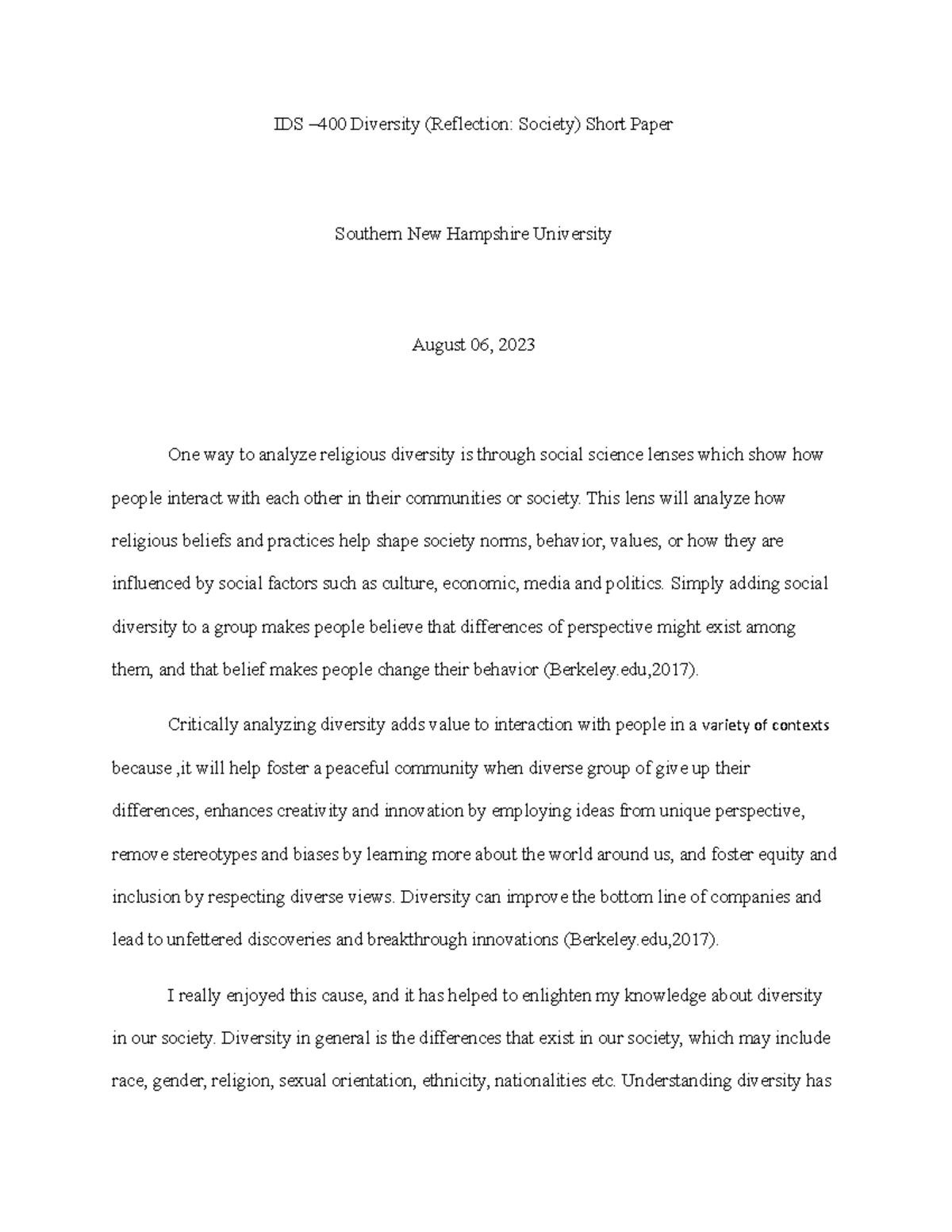 IDS 400 Diversity Reflection Society Short Paper 1 - IDS –400 Diversity ...