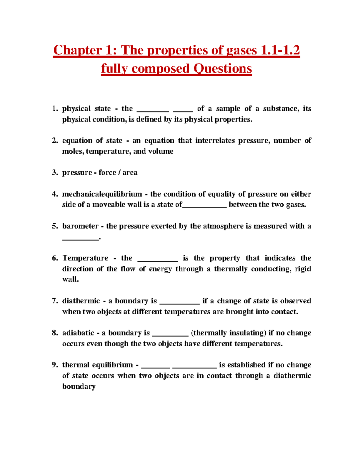 Chapter 1 The Properties of Gases Fully Composed Questions - Chapter 1 ...