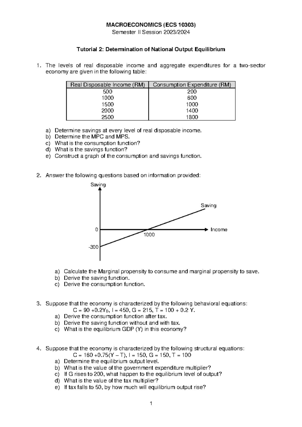 ECS10303 Tutorial 2 Ch - 1 Saving 1000 300 0 Income Saving MACROECONOMICS (ECS 10 303) Semester ...