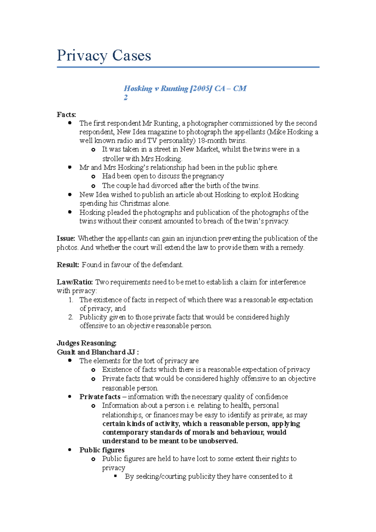 Privacy Cases - Notes - Privacy Cases Hosking v Runting [2005] CA – CM ...