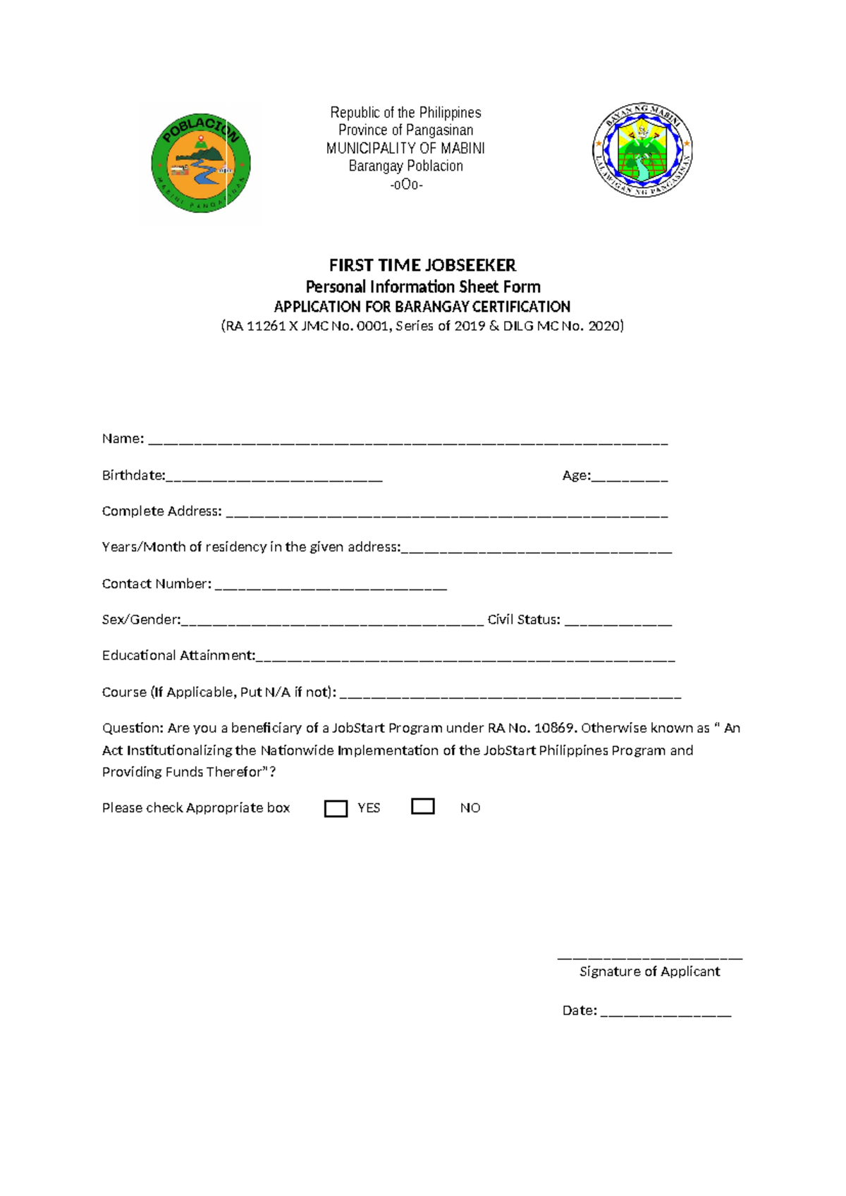 1st time job seeker Application form - Republic of the Philippines Province of Pangasinan - Studocu