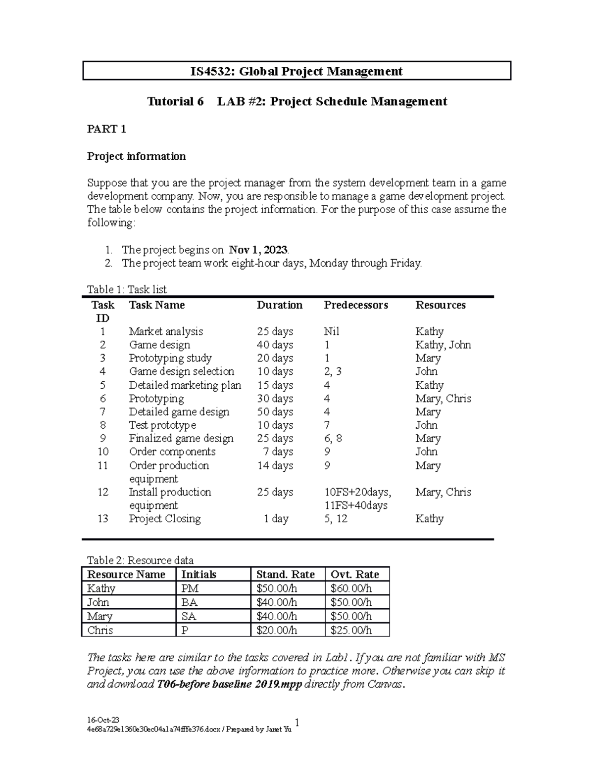 T06-IS4532-LAB2-Time-2023 - IS4532: Global Project Management Tutorial ...