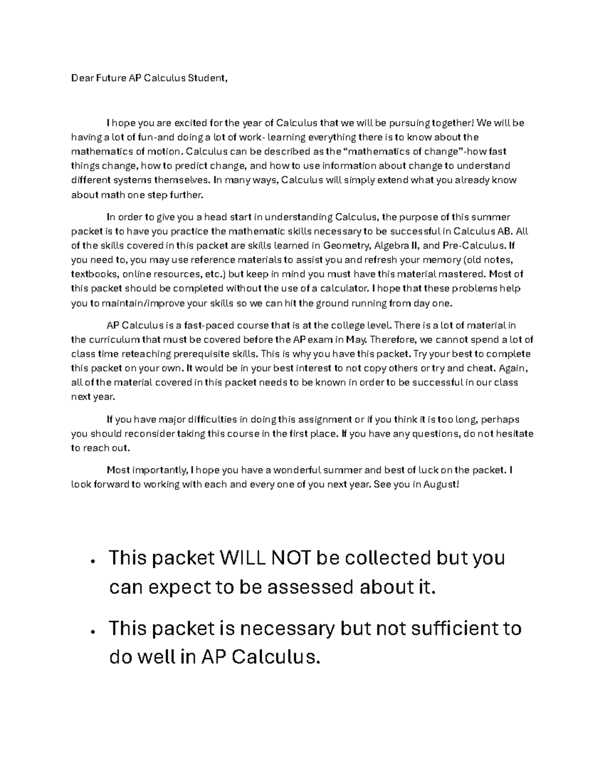 AP Calculus Packet - libro de ayuda - Dear Future AP Calculus Student ...