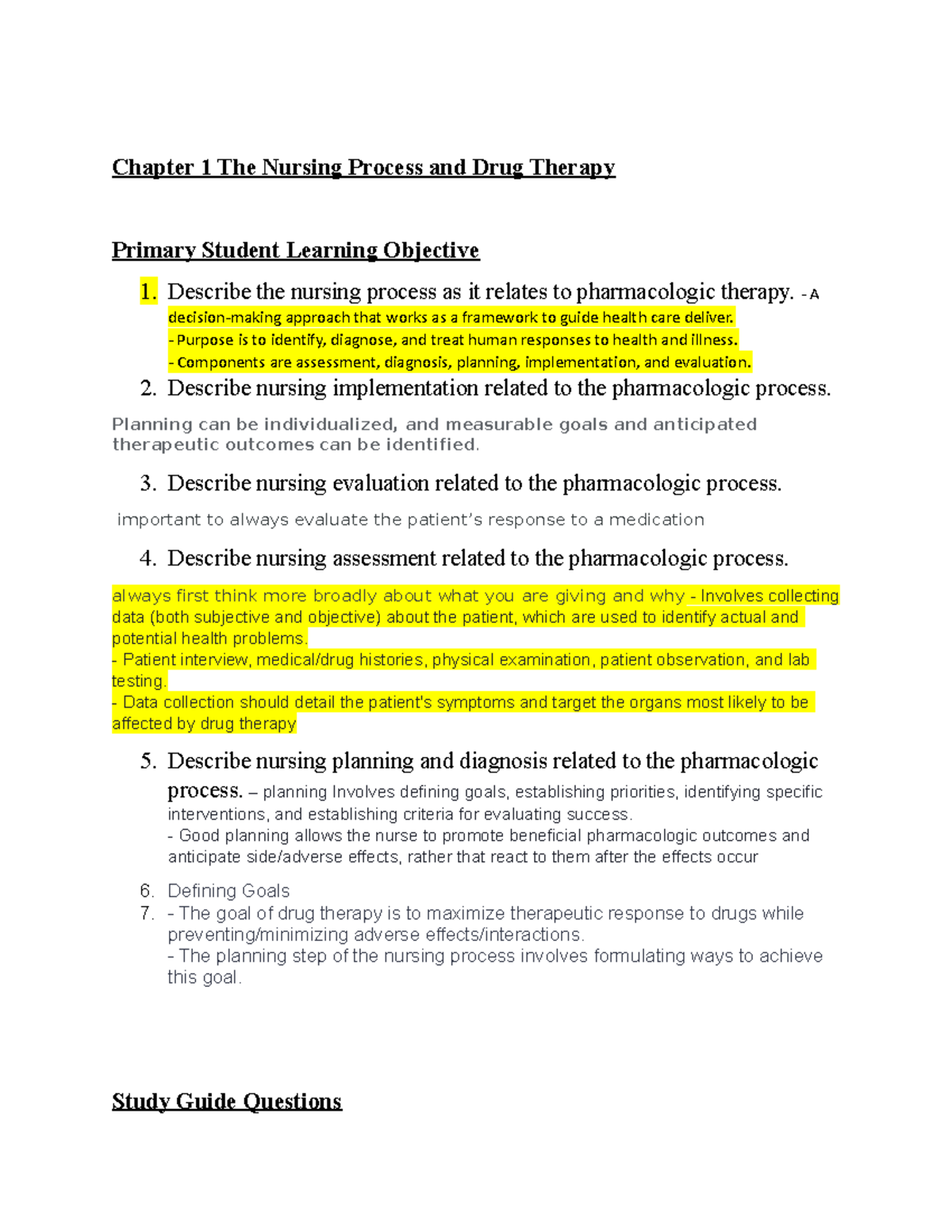 Week 1 Learning Objectives and Study Guide chapters 1, 3, 4, 5 ...