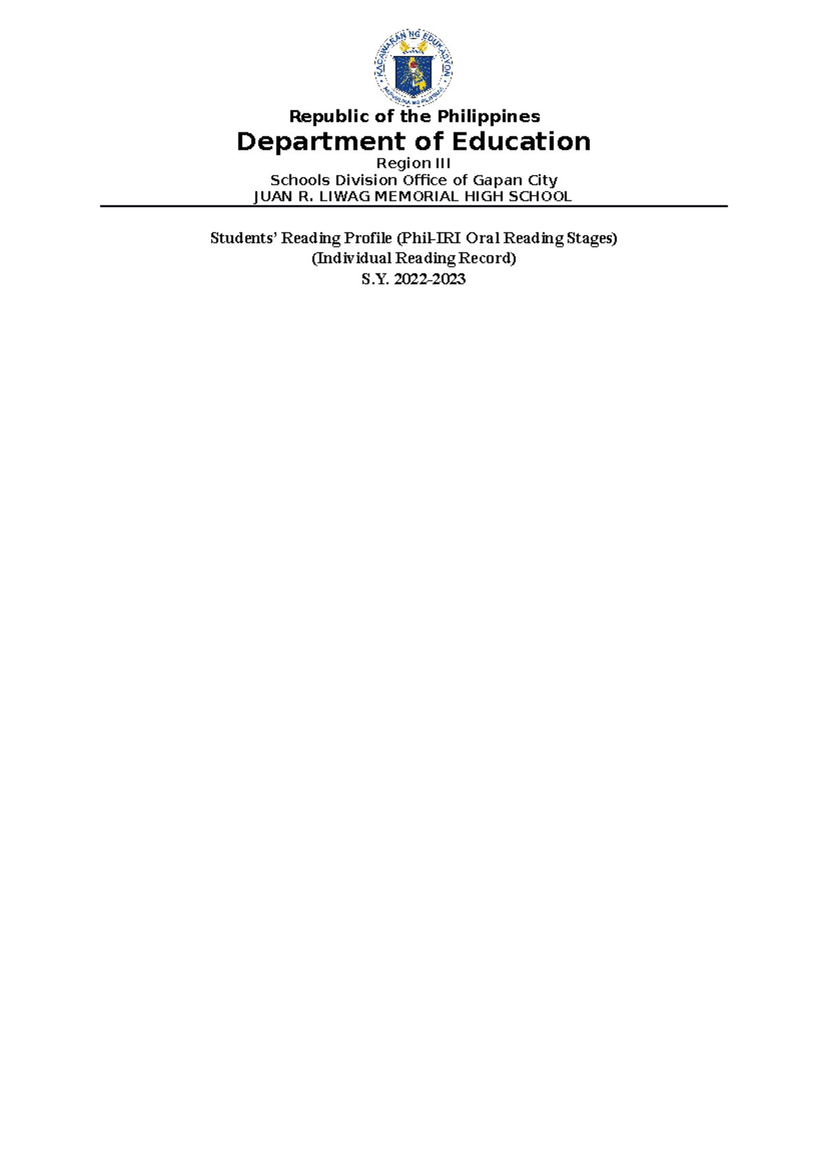 Reading- Record Profile- Aster - Republic of the Philippines Department ...