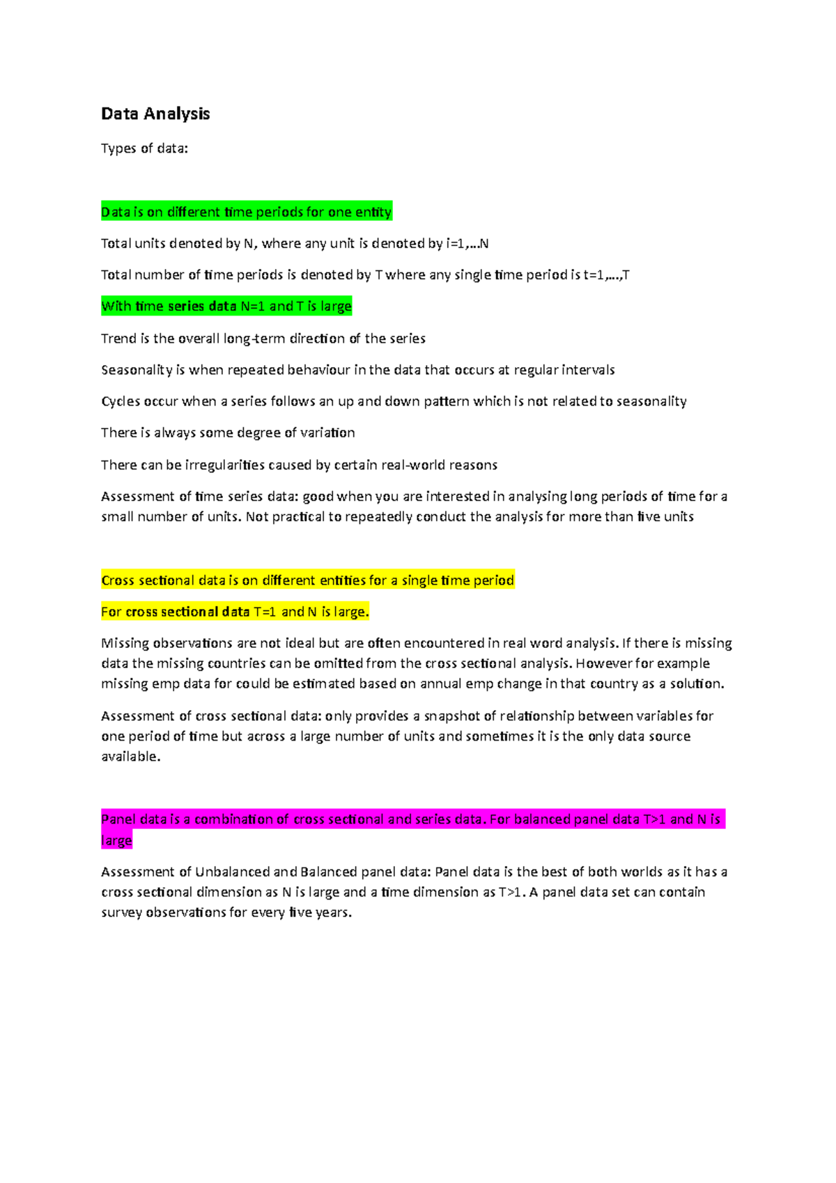 Data Analysis - notes - Data Analysis Types of data: Data is on ...