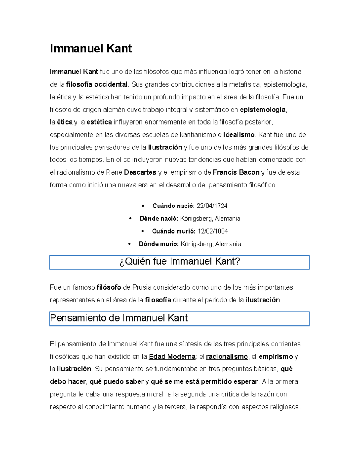 John luke y immanuel kant - Immanuel Kant Immanuel Kant fue uno de los ...