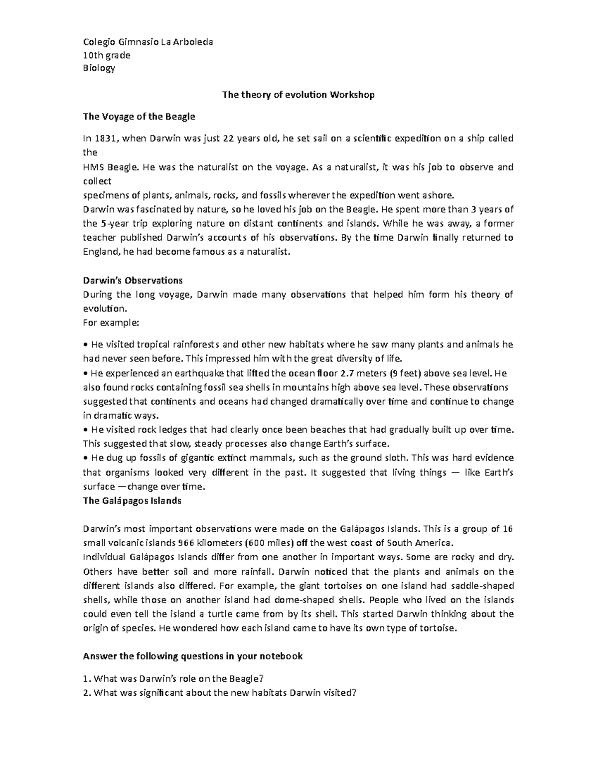 The theory of evolution - Colegio Gimnasio La Arboleda 10th grade ...