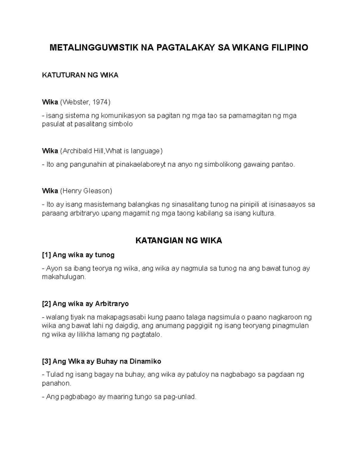 METALINGGUWISTIK NA PAGTALAKAY SA WIKANG FILIPINO - Wika (Henry Gleason ...