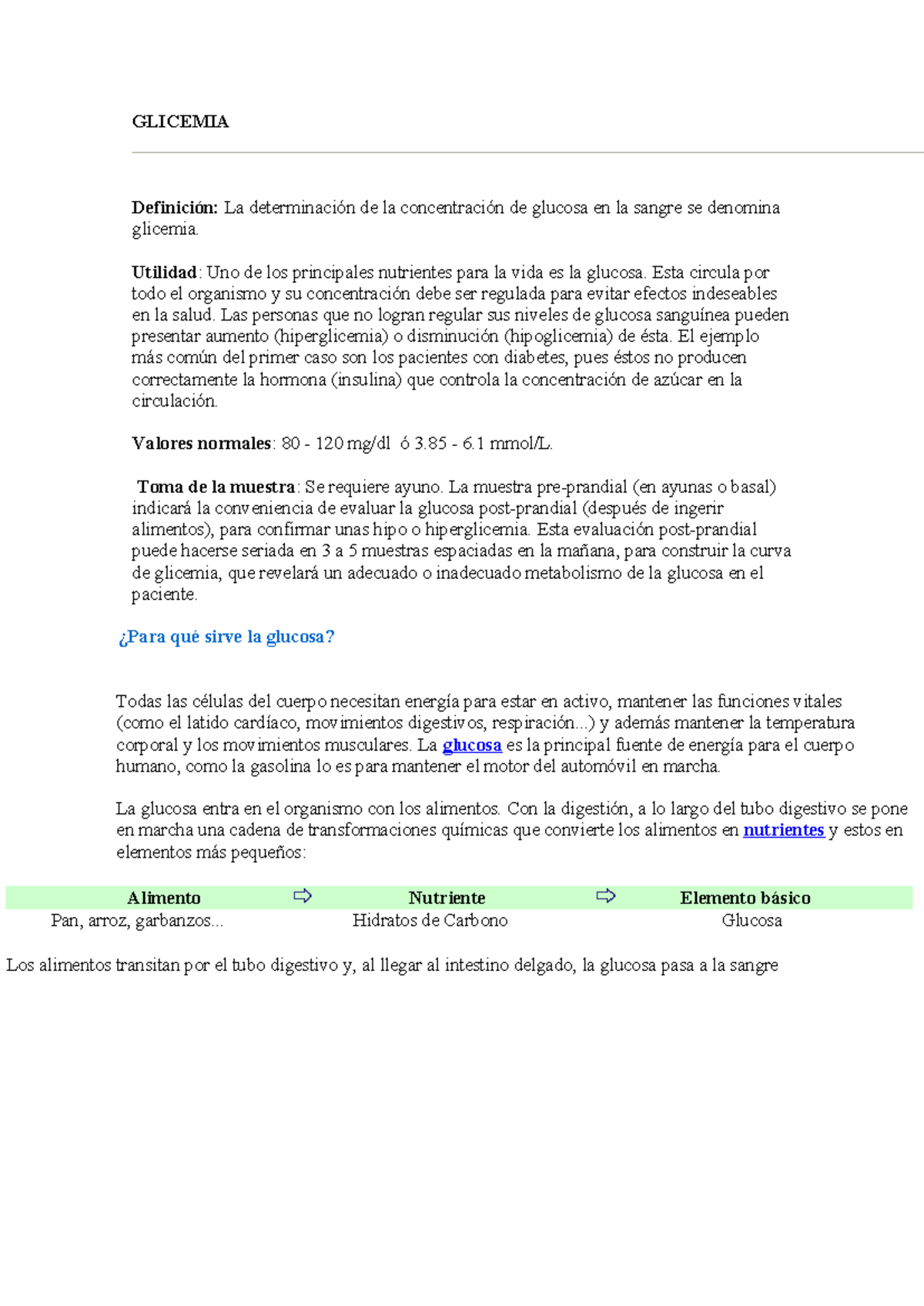 Regu glic - material - GLICEMIA Definición: La determinación de la concentración de glucosa en ...
