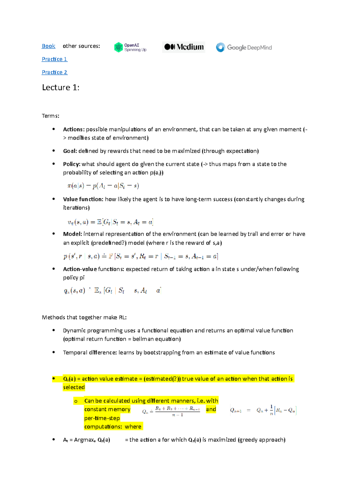Reinforcement Learning Notes Book Other Sources Practice 1 Practice 2 Lecture 1 Terms