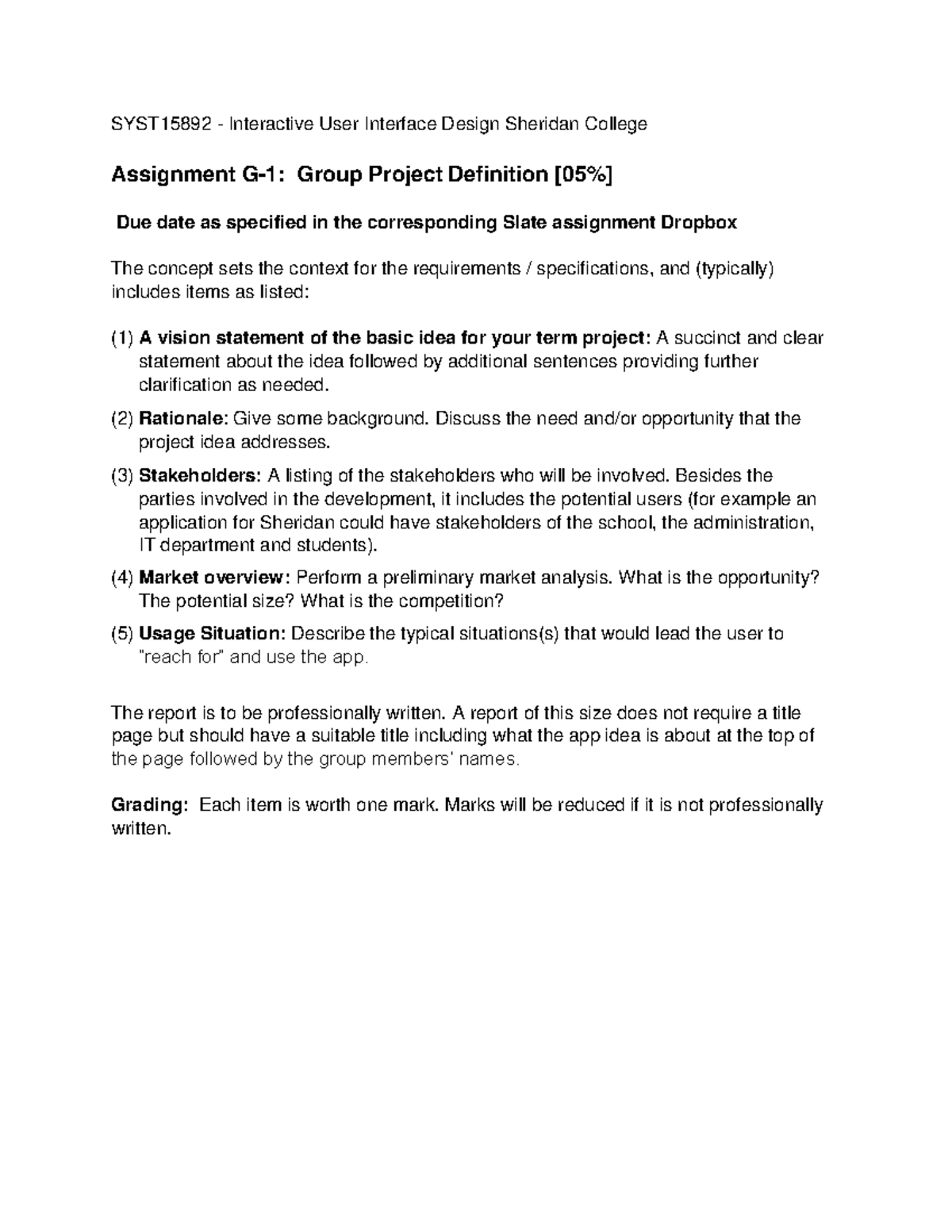 Group Assignment Project Definition (G-1) - SYST15892 - Interactive ...