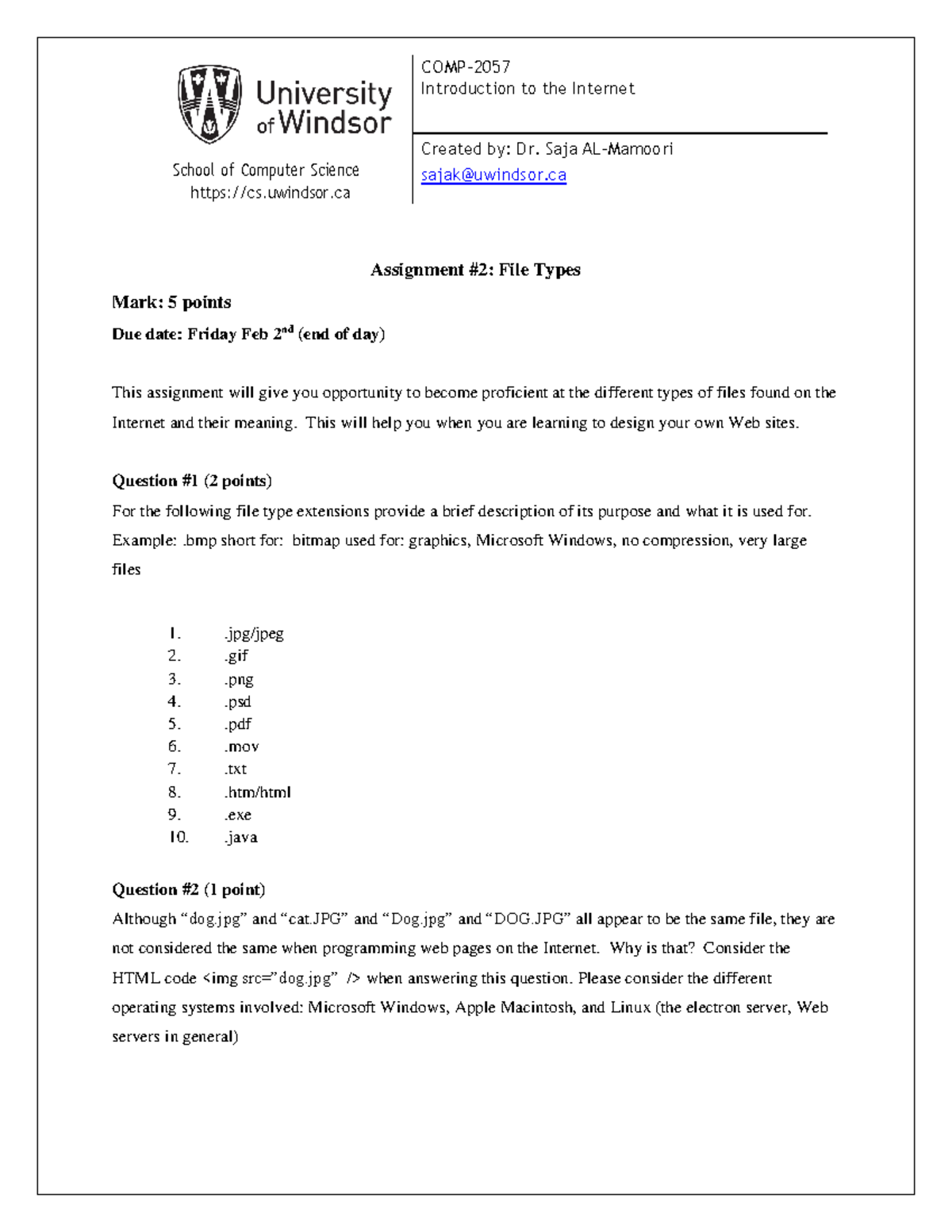 Assign 2 - Syllabus - COMP- 2057 Introduction to the Internet School of ...