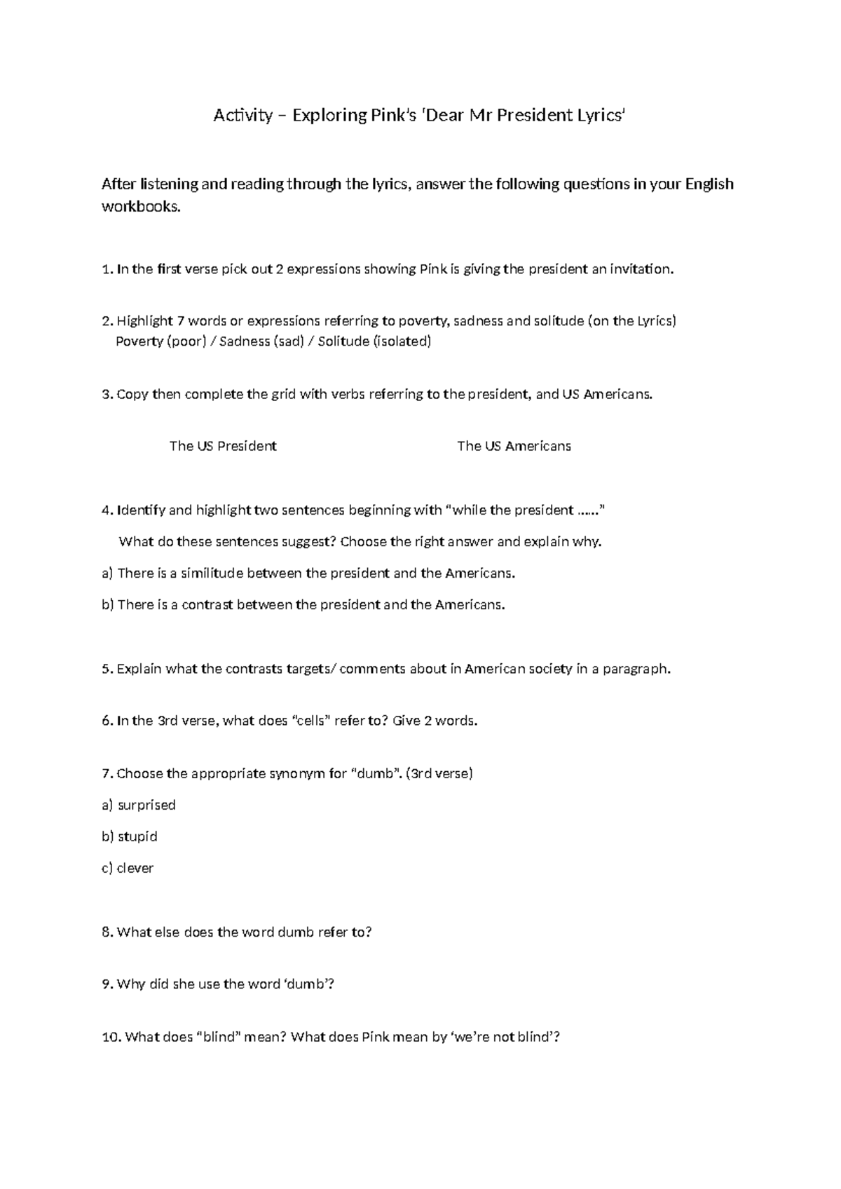 Exploring Pink - Dear Mr President - Year 12 - Activity – Exploring ...