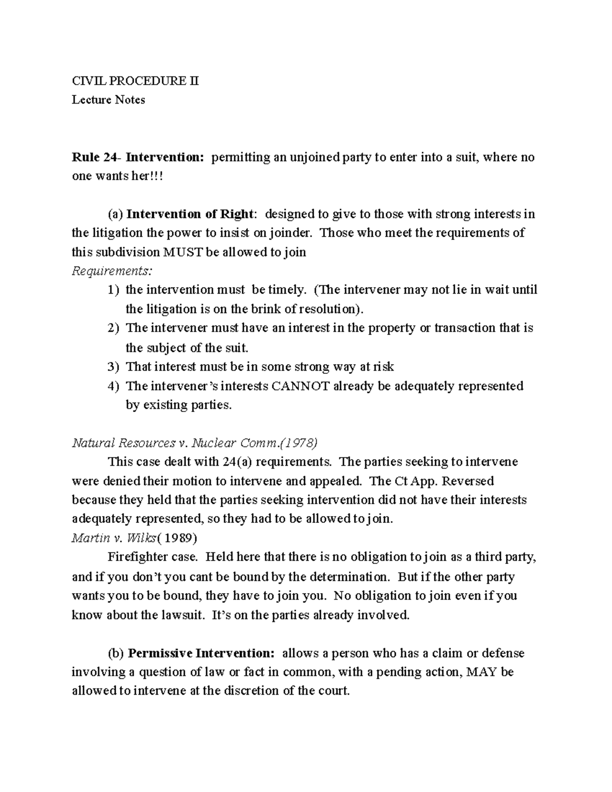 Rule 24- Intervention - Lecture notes 11-12 - CIVIL PROCEDURE II ...