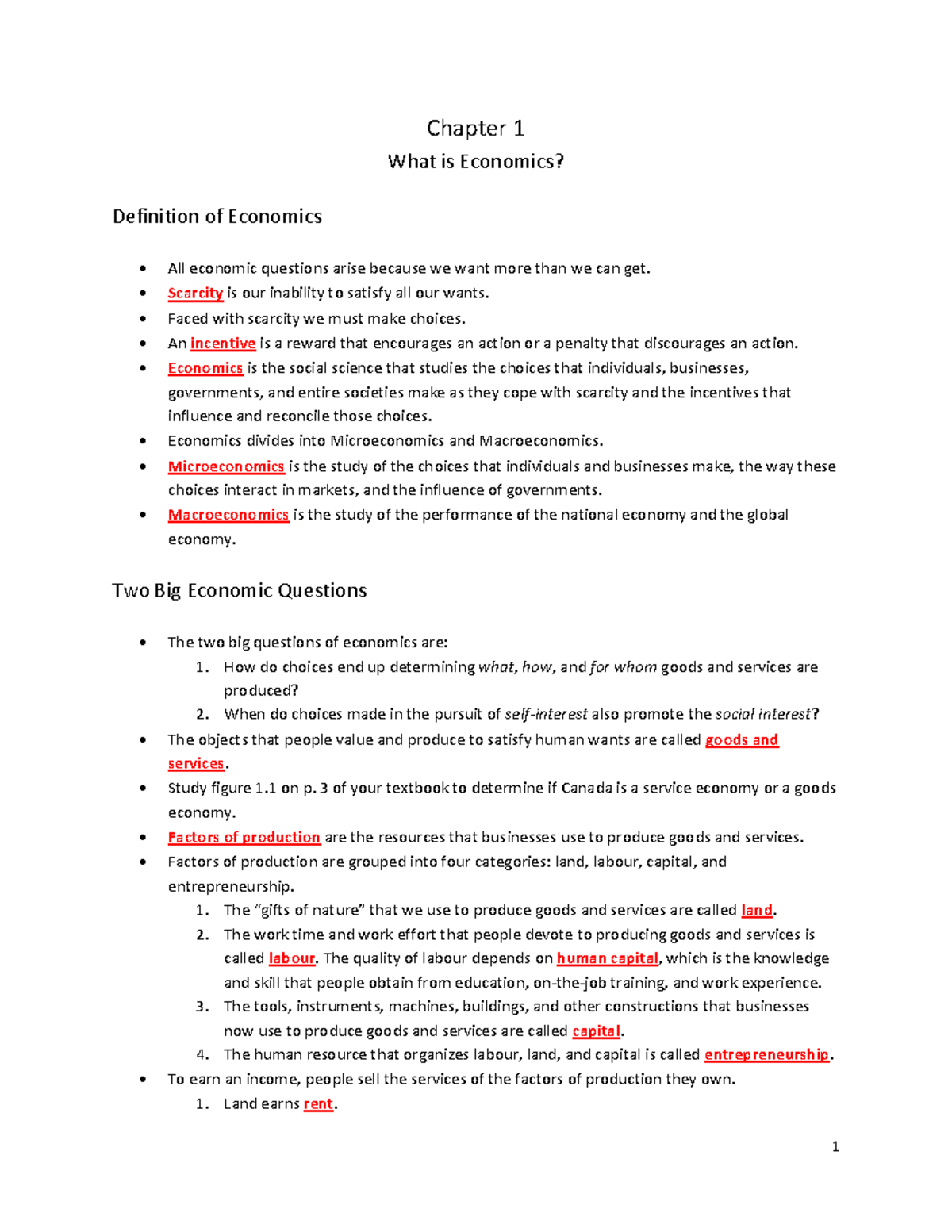Chapter 1 - Notes - 1 Chapter 1 What is Economics? Definition of ...