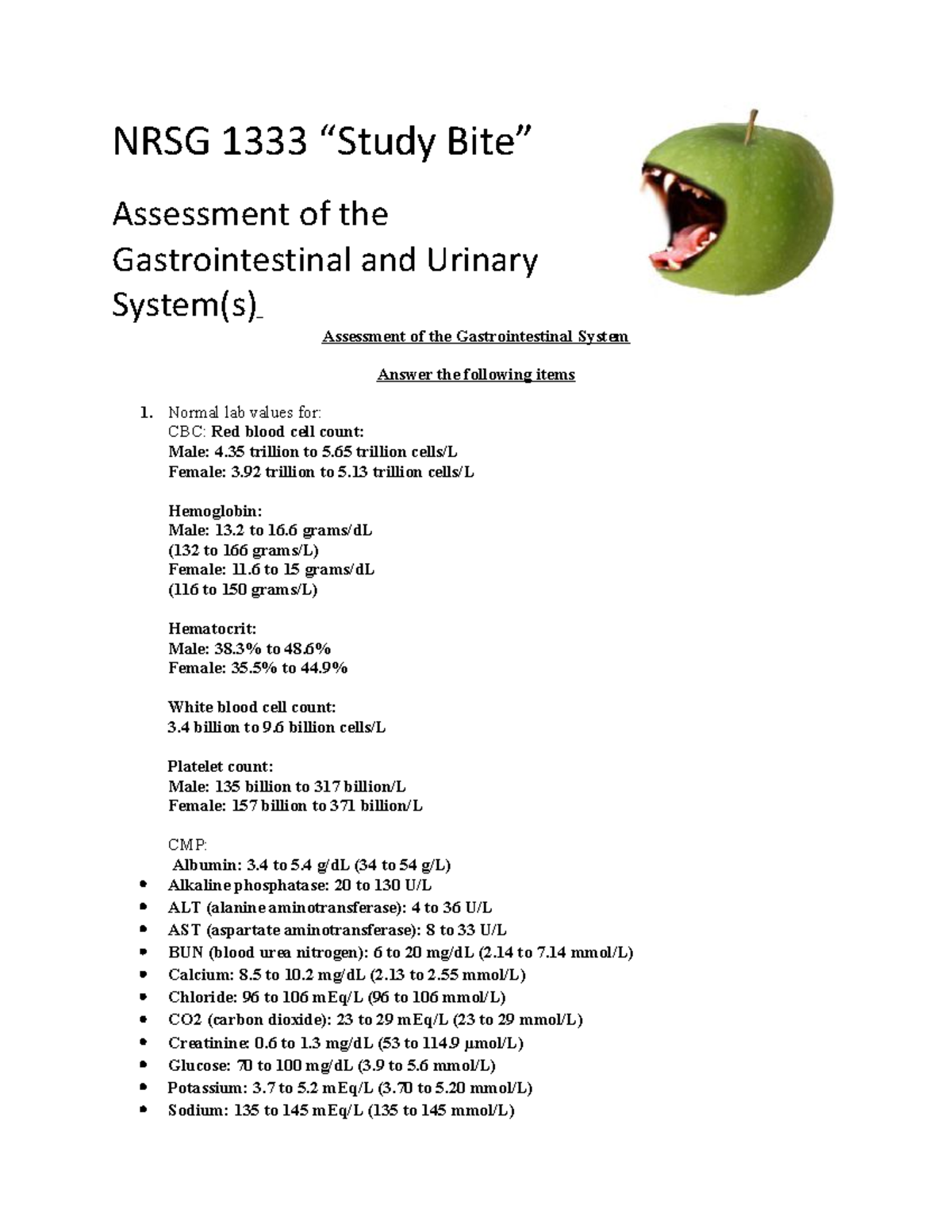 NRSG 1333 Study Bite Gastrointestinal and Urinary Systems Homework ...