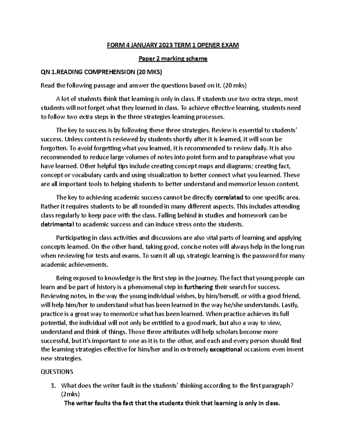 English F4 PP2 MS - Well done - FORM 4 JANUARY 2023 TERM 1 OPENER EXAM ...