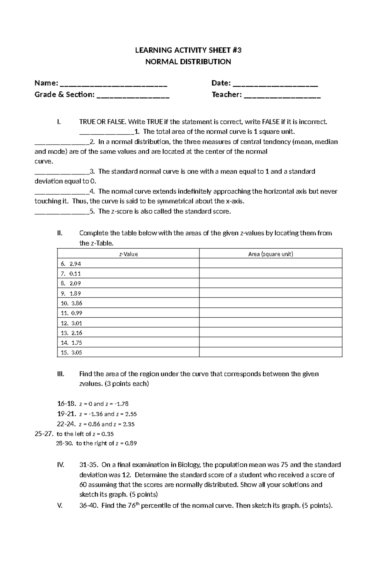 LAS-3 Normal Distribution - LEARNING ACTIVITY SHEET NORMAL DISTRIBUTION Name: - Studocu
