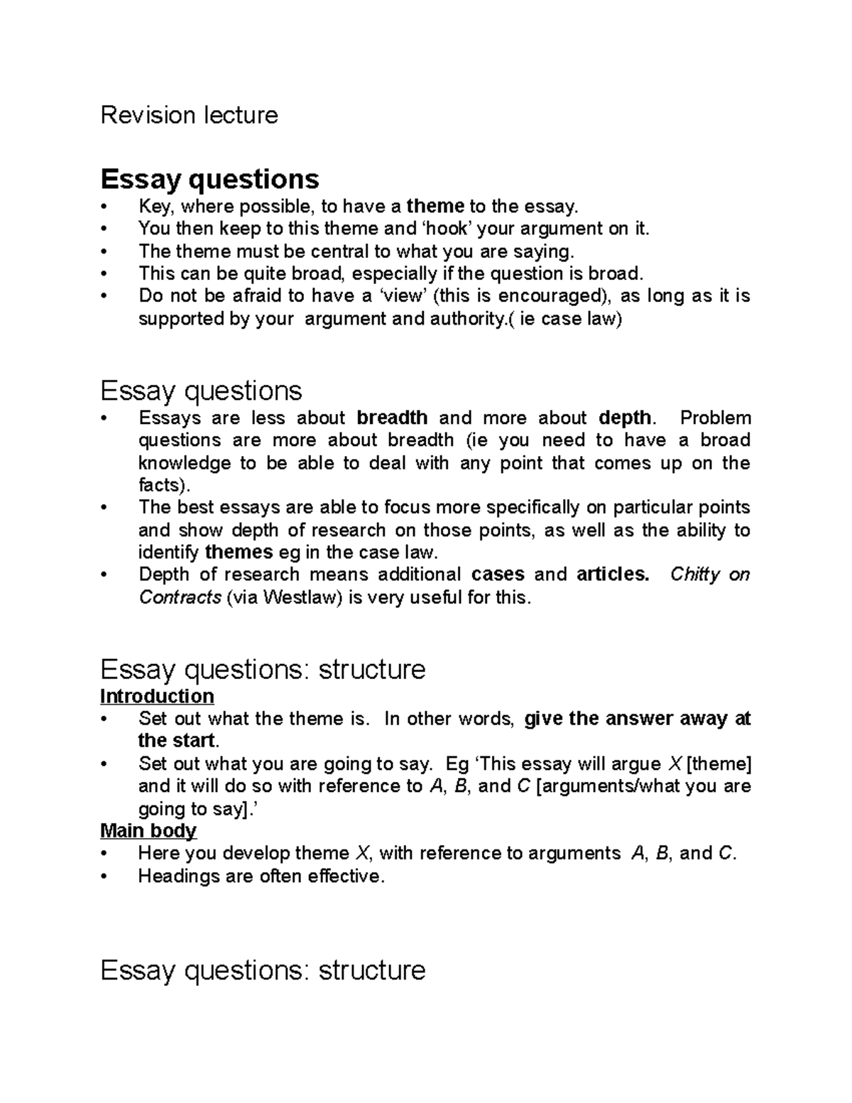 Revision lecture - Revision lecture Essay questions • • • • • Key ...